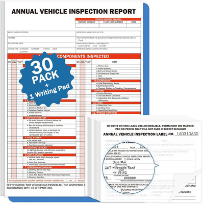 30Pack DOT Annual Vehicle Inspection Forms and Label,30-Pk 3-Ply Annual ...