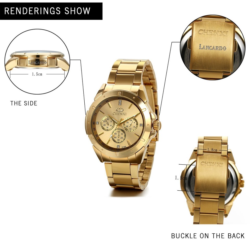 Men's Luxury 3-Dials Gold Tone Stainless Steel Quartz Analog Wrist ...
