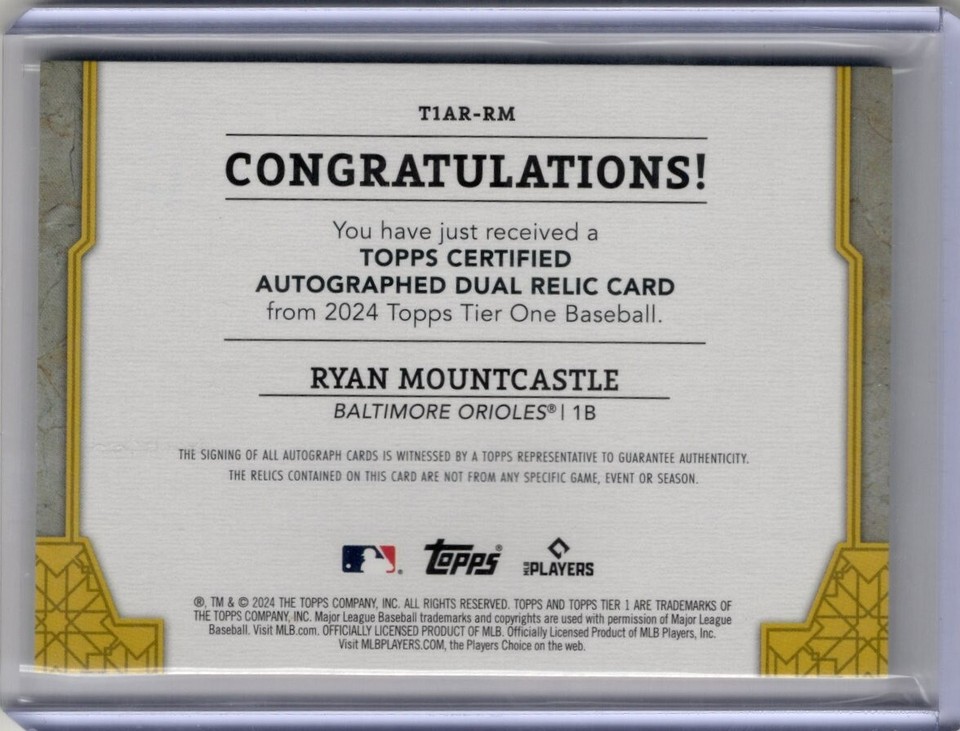 Ryan Mountcastle 2024 Topps Tier One Auto Autograph Patch #8/10 Orioles ...