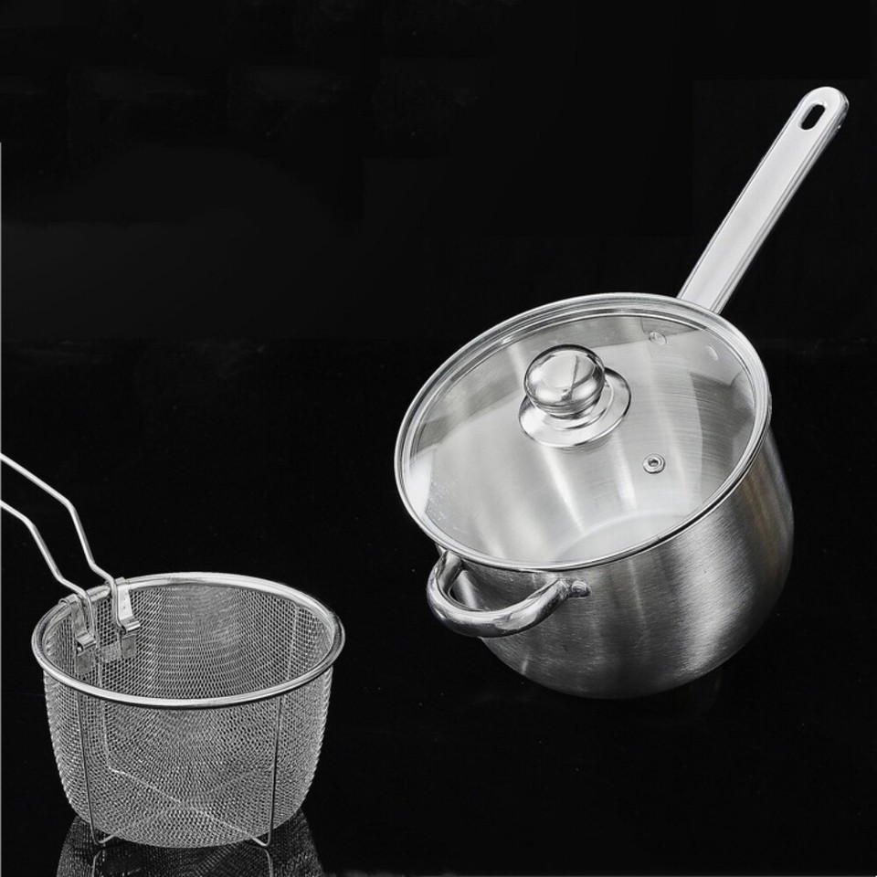 3Pcs/set Large Stainless Steel Chip Pan with Basket and Lid Deep Frying ...