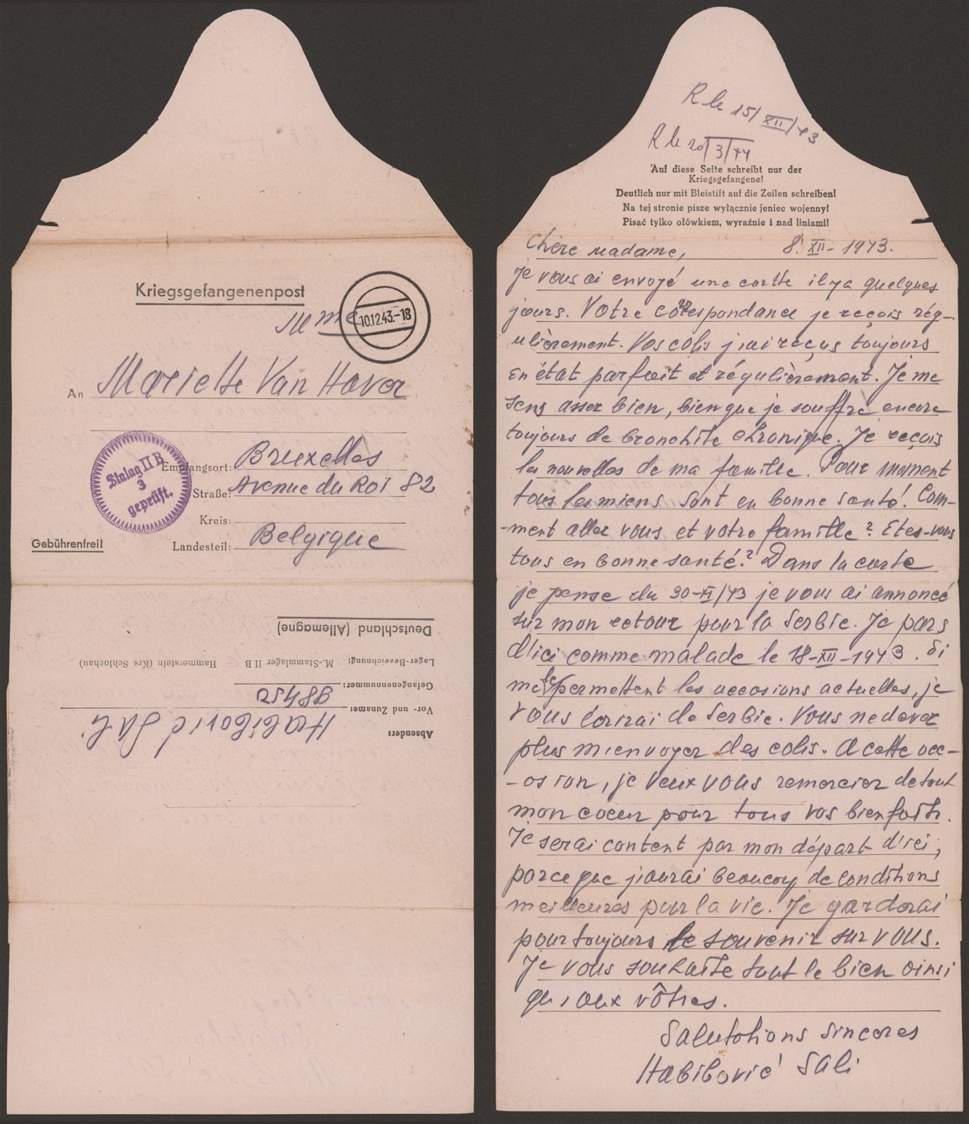 Germany WWII 1943 - POW Letter Stalag II B to Belgium - Censor EP112 ...