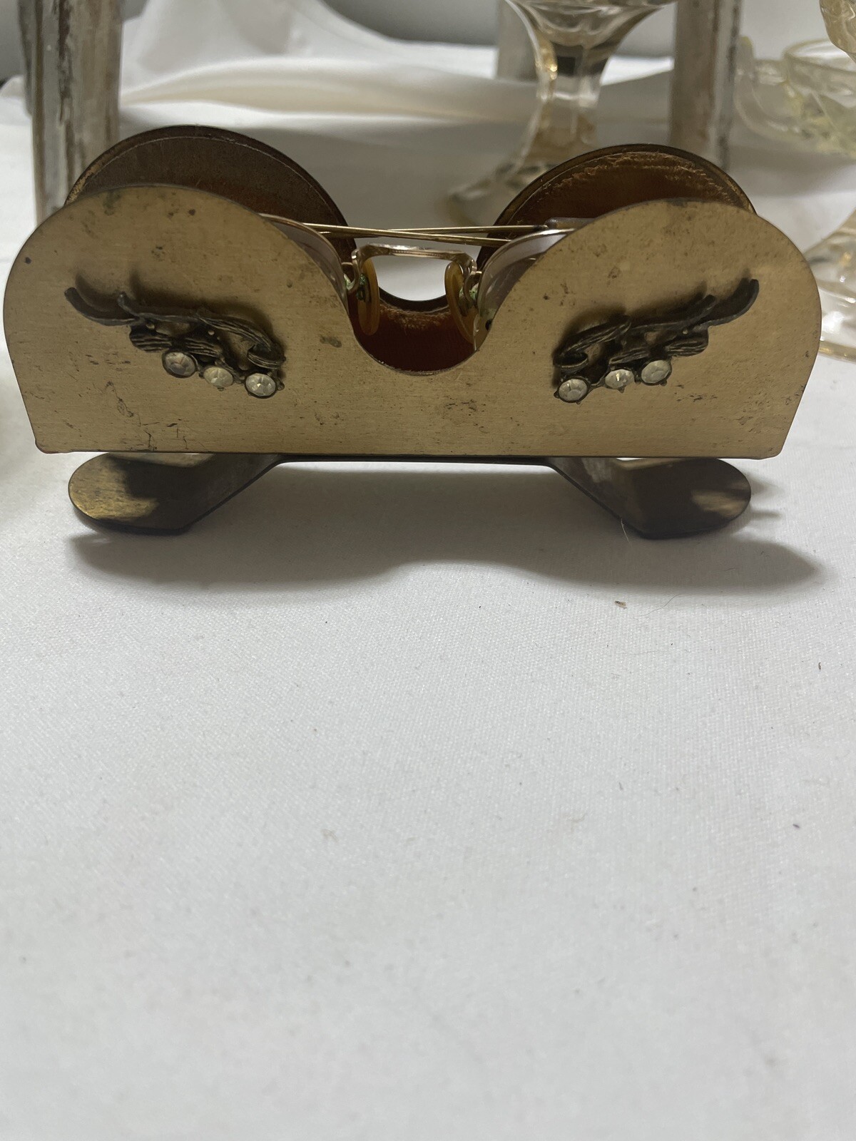 Vintage Footed Eyeglass Caddy Holder Cats Eye Rhinestones Gold Tone ...