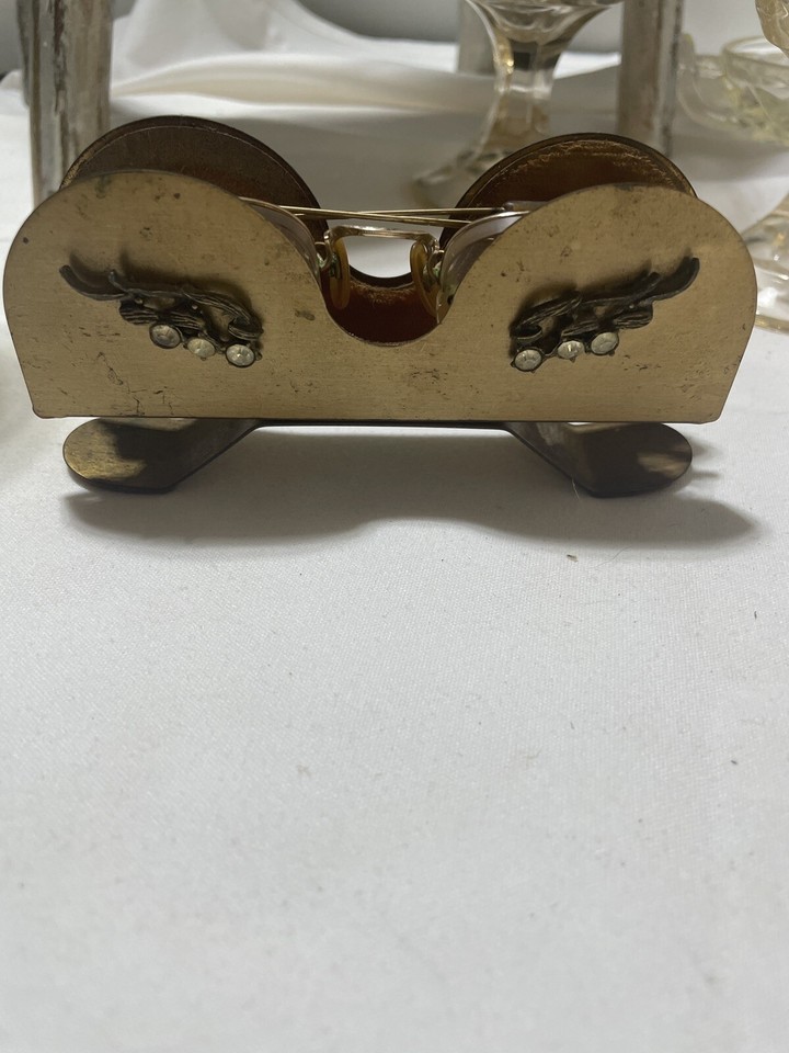 Vintage Footed Eyeglass Caddy Holder Cats Eye Rhinestones Gold Tone ...