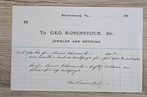 1928 Geo Rosenstock Jeweler & Optician Billhead Receipt Bloomsburg, PA ...
