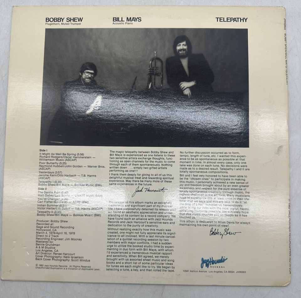 Bobby Shew, Bill Mays Telepathy Jazz Hounds Records JHR0003 VG+ | eBay