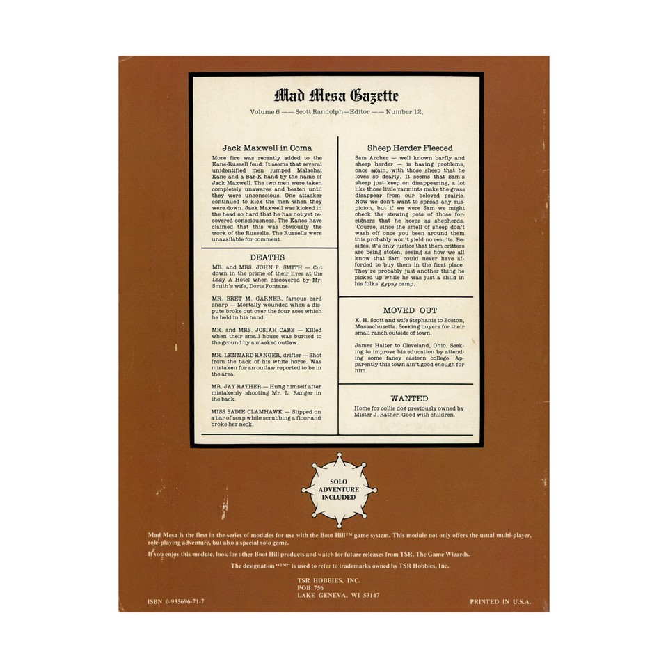 TSR Boot Hill Mad Mesa SW (VG+/New) | eBay