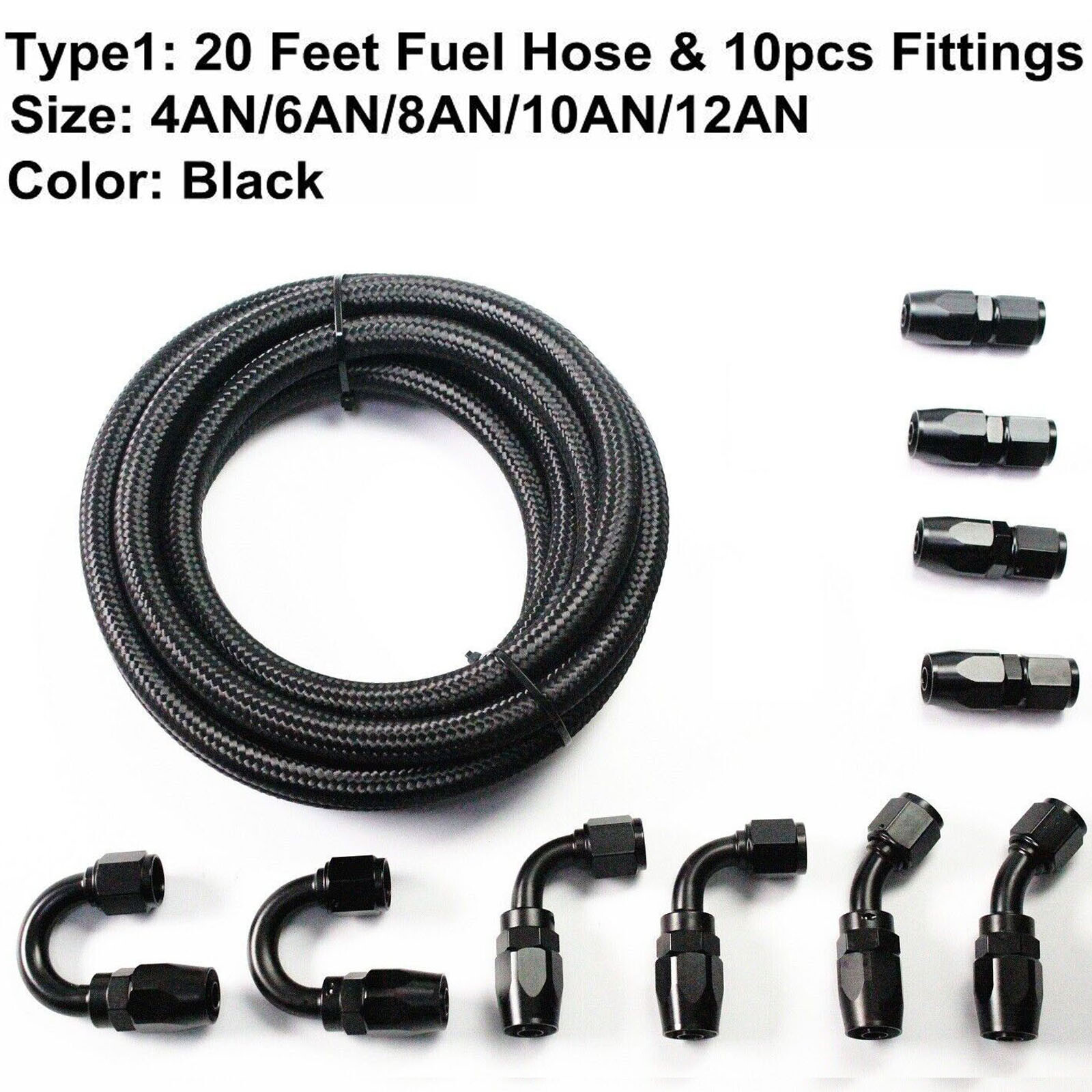 20ft Braided Fuel Hose Line w/ 4AN/6AN/8AN/10AN/12AN Swivel Hose End ...