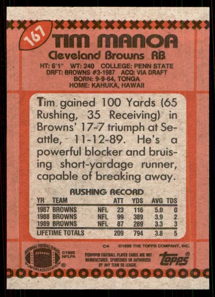 1990 Topps Tim Manoa Football Cards #167 | eBay
