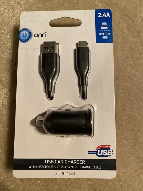 ONN IPhone USB Car Charger 2.4w With 3Ft Cord USB-C Connector 2.0 Sync ...