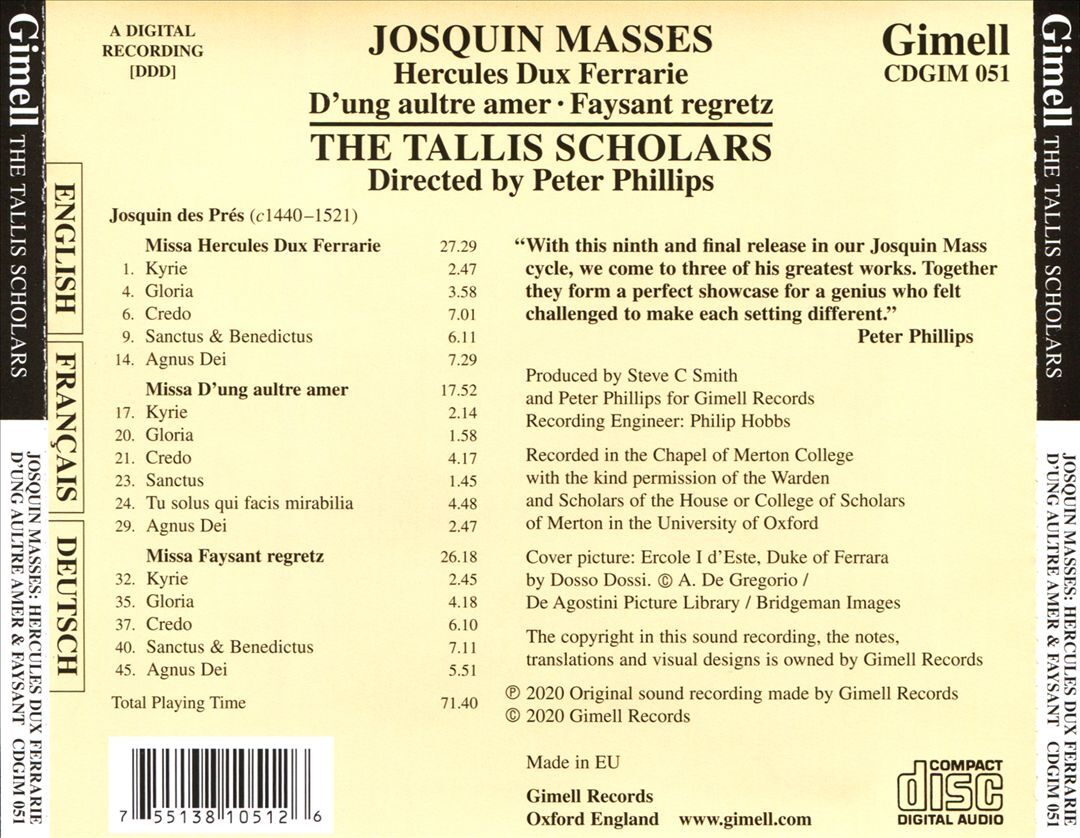 THE TALLIS SCHOLARS / PETER PHILLIPS JOSQUIN: MASSES - HERCULES DUX ...