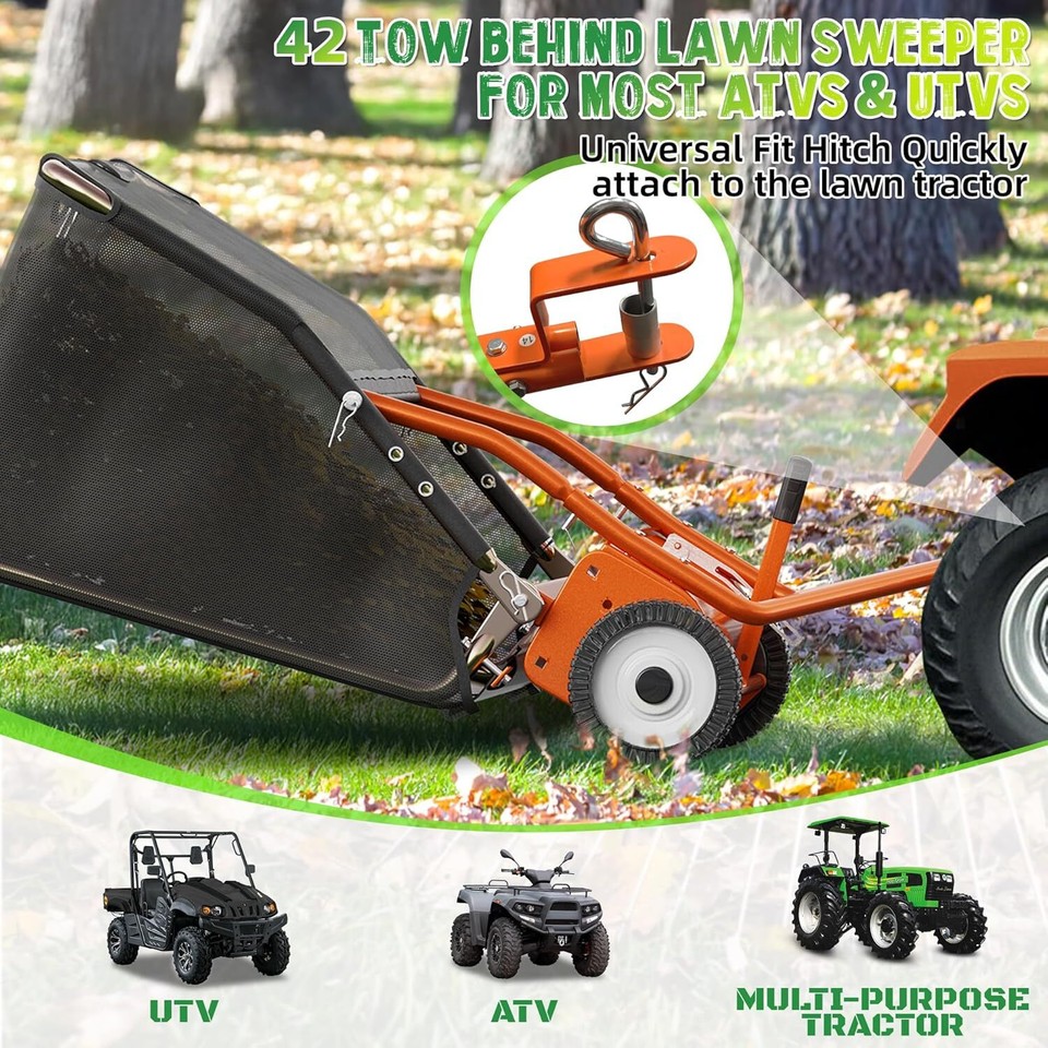 42" Tow Behind Lawn Sweeper Leaf Collector Sweeper for Lawn 18.55 Cu FT ...