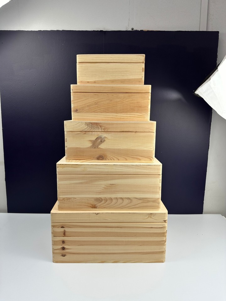 Stacking deluxe pine storage boxes. 5 boxes in a set with hinged lids ...