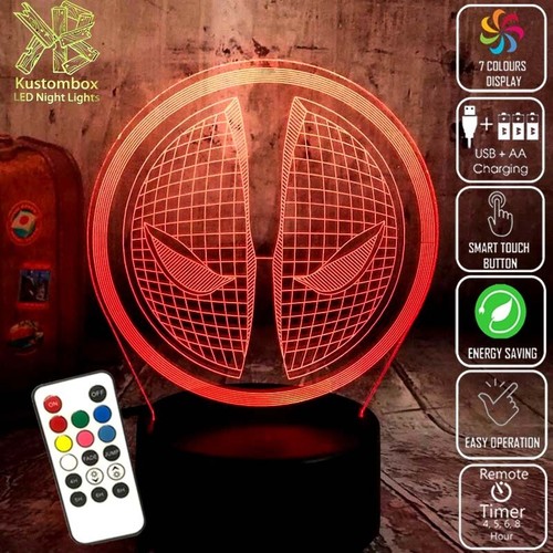 DEADPOOL FACE 3D LED Battery USB Night Light 7 Colour Changing Room ...