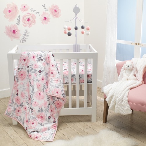 Bedtime Originals Blossom Pink Watercolor Floral 3-Piece Mini Crib ...