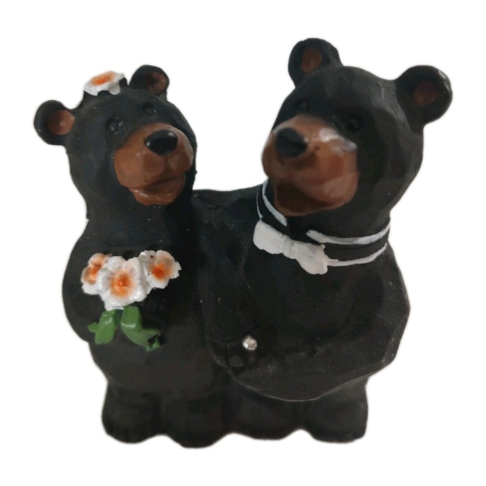 Small Wedding Couple Bears Figurine - Rustic Wood Carved Style Resin ...