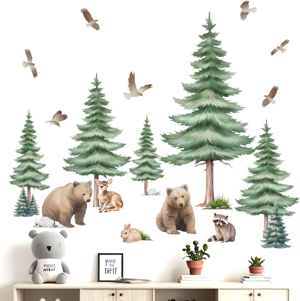 Large Pine Tree Wall Decals - Woodland Animal Bear Wall Stickers ...