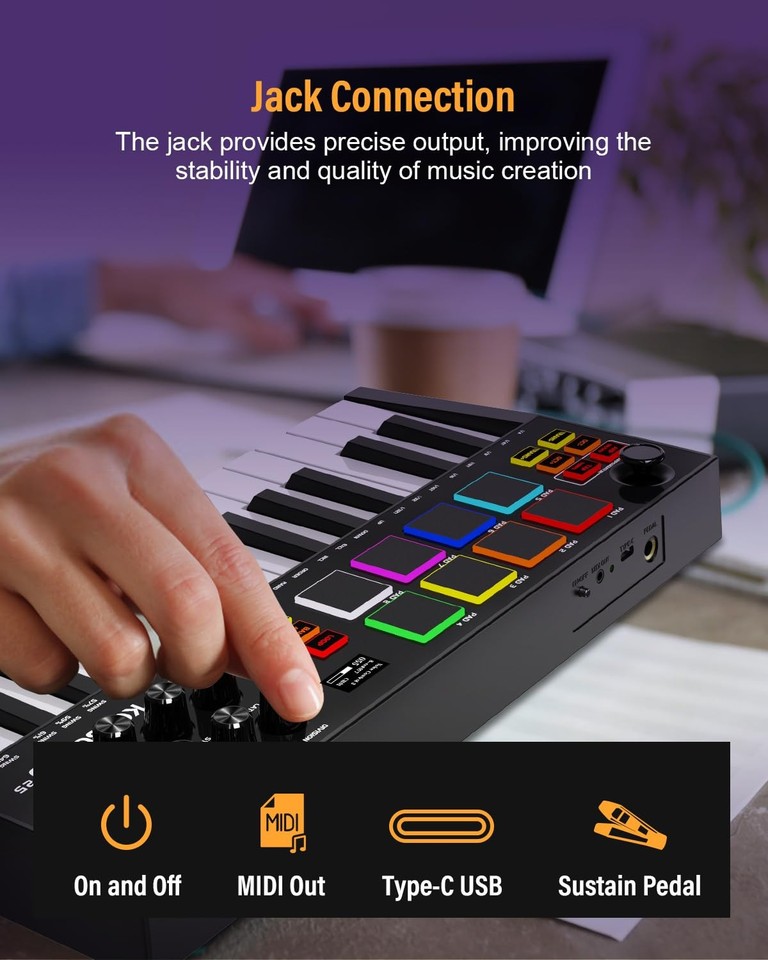 MIDI Keyboard Controller, 25 Key Rechargeable MIDI Keyboard with 8 ...