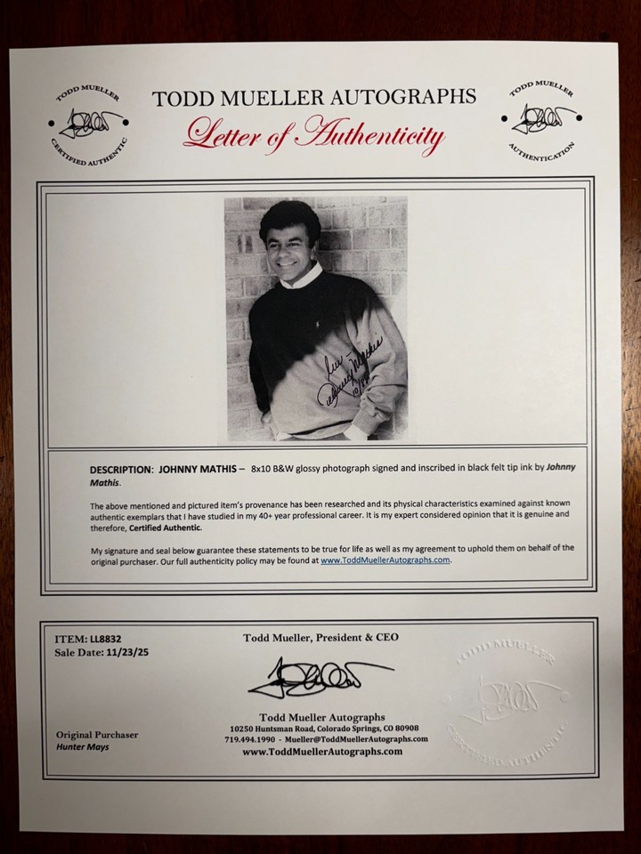 Strikingly Handsome Johnny Mathis Signed and Dated 8x10 Glossy BW Photo ...