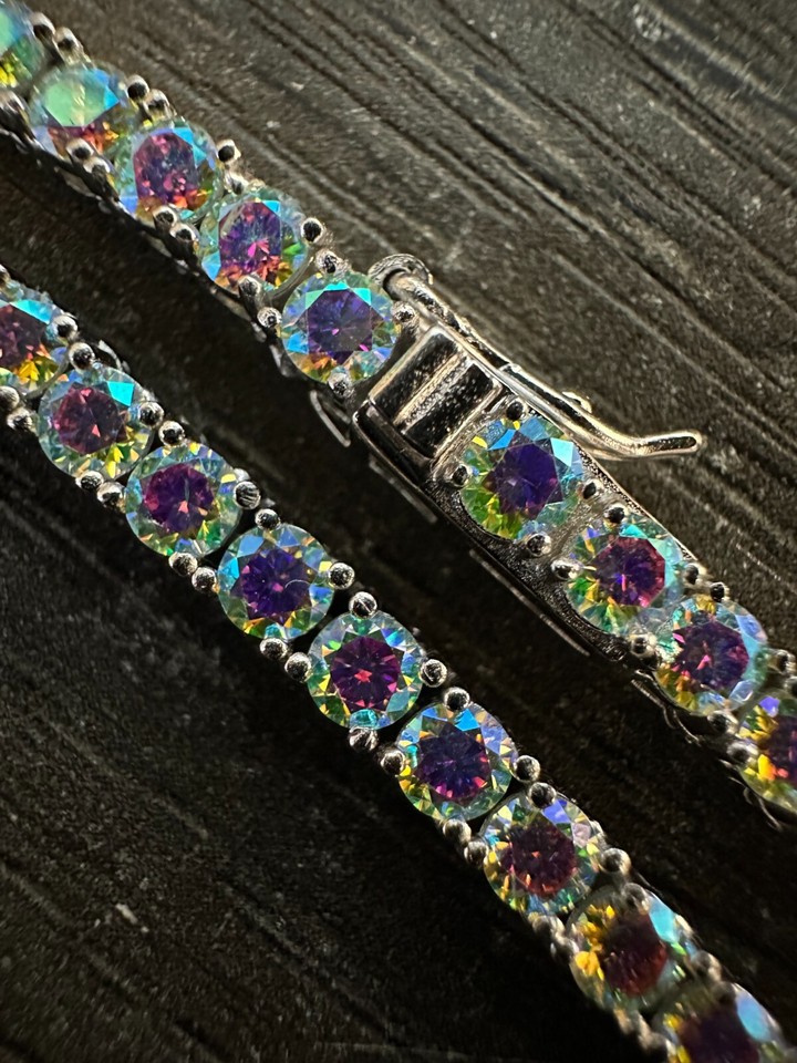 Real Opal Rainbow MOISSANITE 3mm Tennis Chain 925 Silver Iced Necklace ...