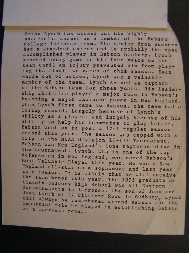 Vintage Glossy Press Photo Brian Lynch Babson College Lacrosse Team ...