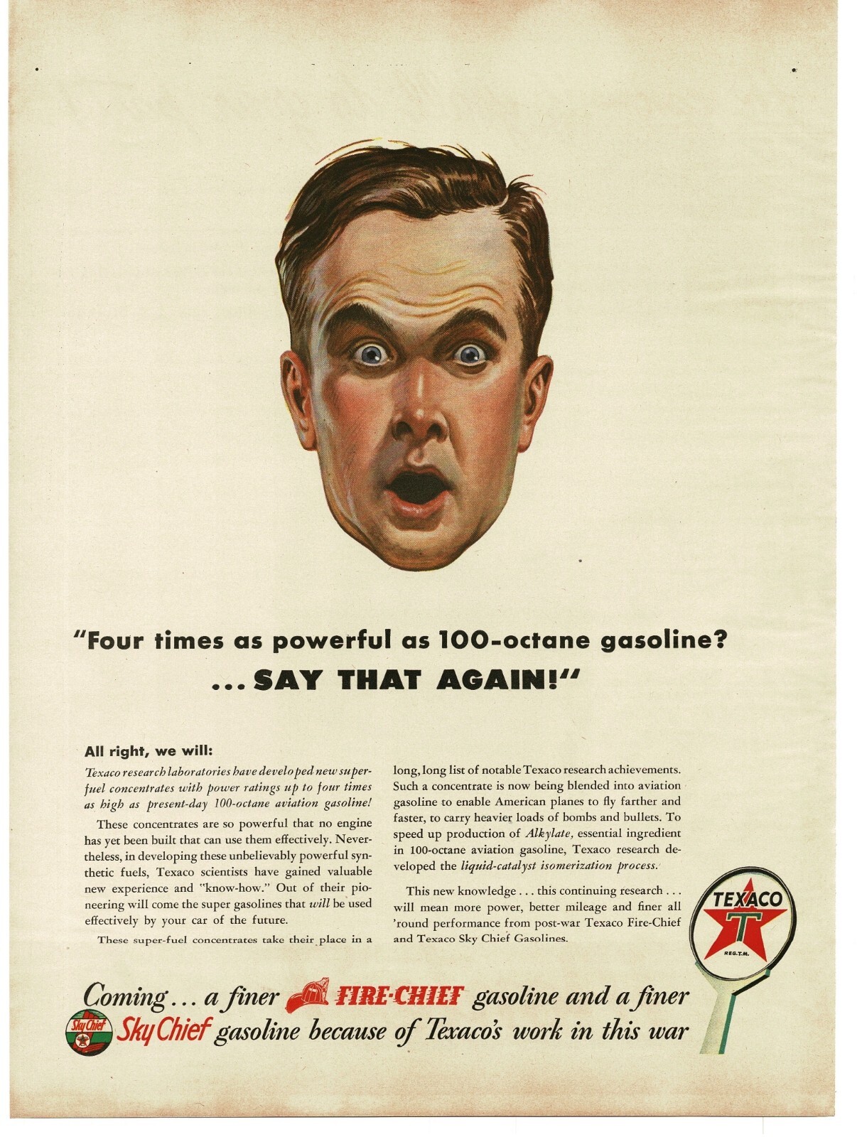 1944 Texaco Fire Sky Chief Gasoline surprised man art Vintage Print Ad ...