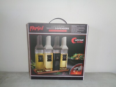 PARINI 4PC AUTO-POUR SAUCE DISPENSERS WITH WOOD TRAY, NIB | eBay
