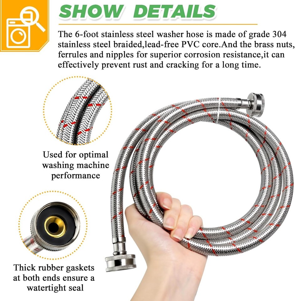 6-Foot Stainless Steel Washer Hose Explosion-Proof Hot/Cold Water ...