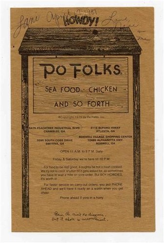 Po Folks Menu Sea Food Chicken And So Forth 1981 Chamblee Atlanta ...