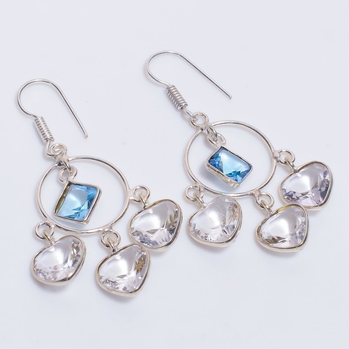 Crystal Blue Topaz Gemstone Handmade 925 Sterling Silver Earrings 2.1" G151 | eBay