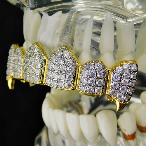 Vampire Fang CZ Grillz 18k Gold Plated + Silver 2 Tone Top Row Fangs ...