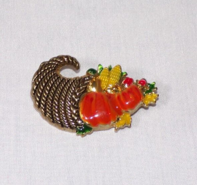 Cornucopia Jewelry Brooch Gold Tone Enamel Fall Harvest Thanksgiving ...