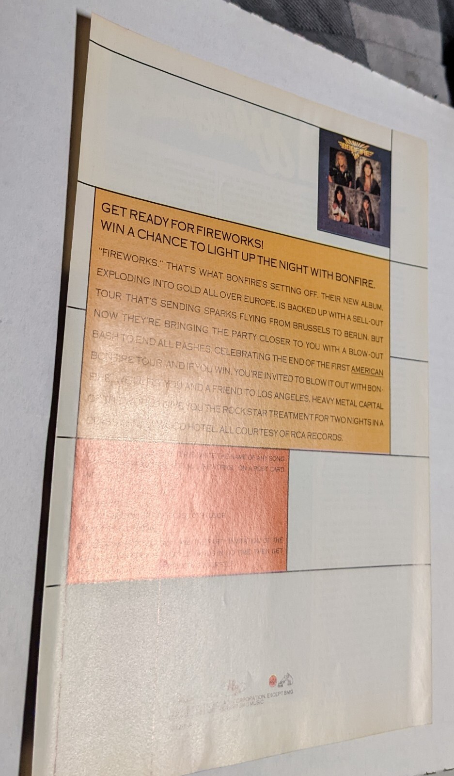 BONFIRE / CLAUS LESSMANN 1988 FIREWORKS LP / ALBUM MAGAZINE CENTERFOLD ...