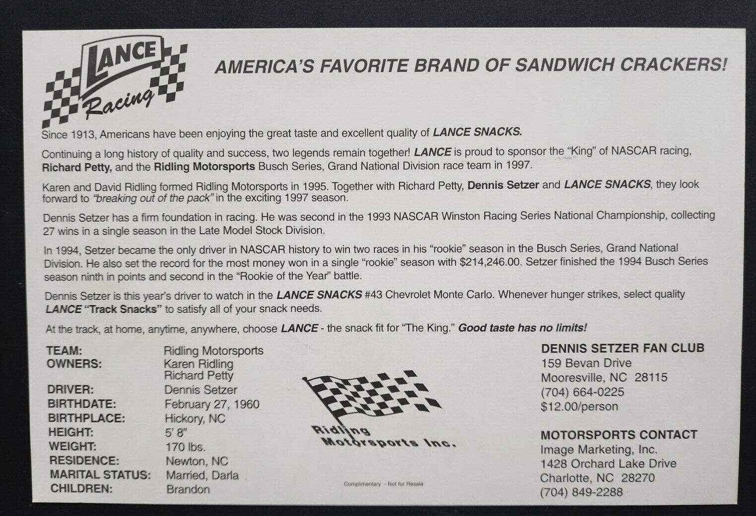 1996 Nascar Series Hero Driver Cards Dennis Setzer Lance Racing Snacks ...