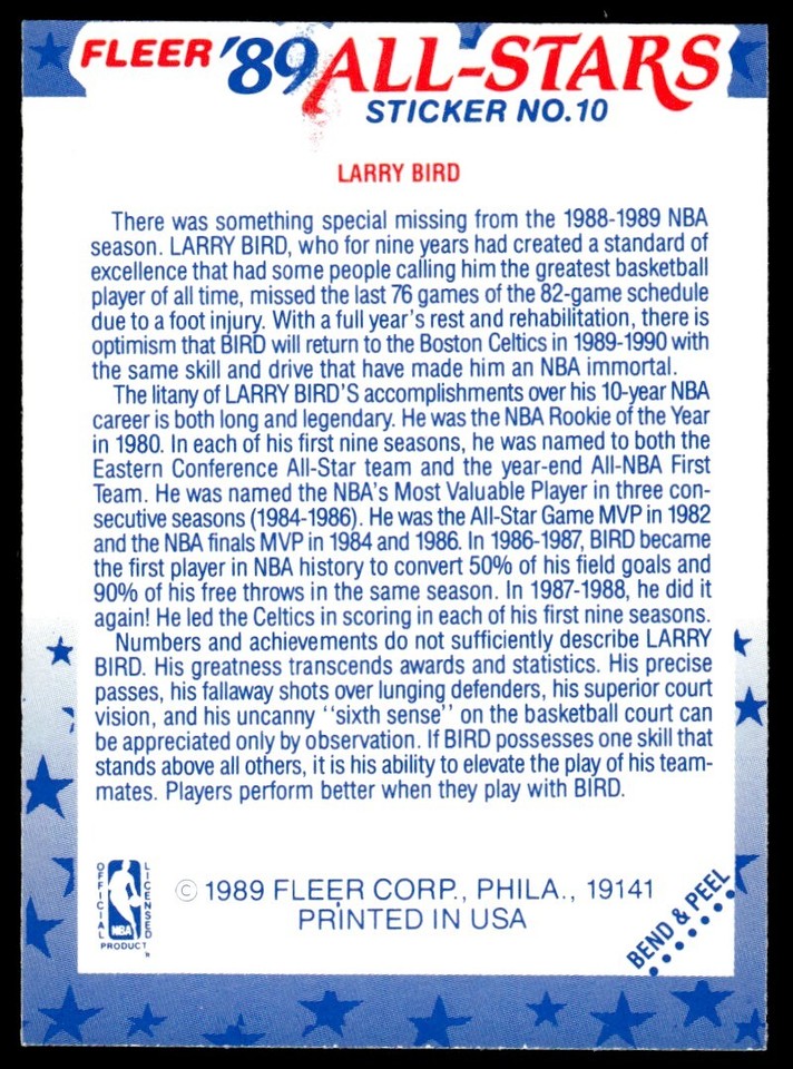 1989-90 Fleer Stickers Larry Bird Boston Celtics #10 | eBay