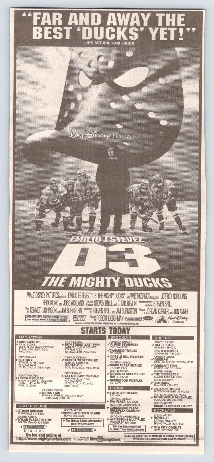 1996 THE MIGHTY DUCKS D3 MOVIE AD Vintage 4.5"X10" Newspaper 1990's ...
