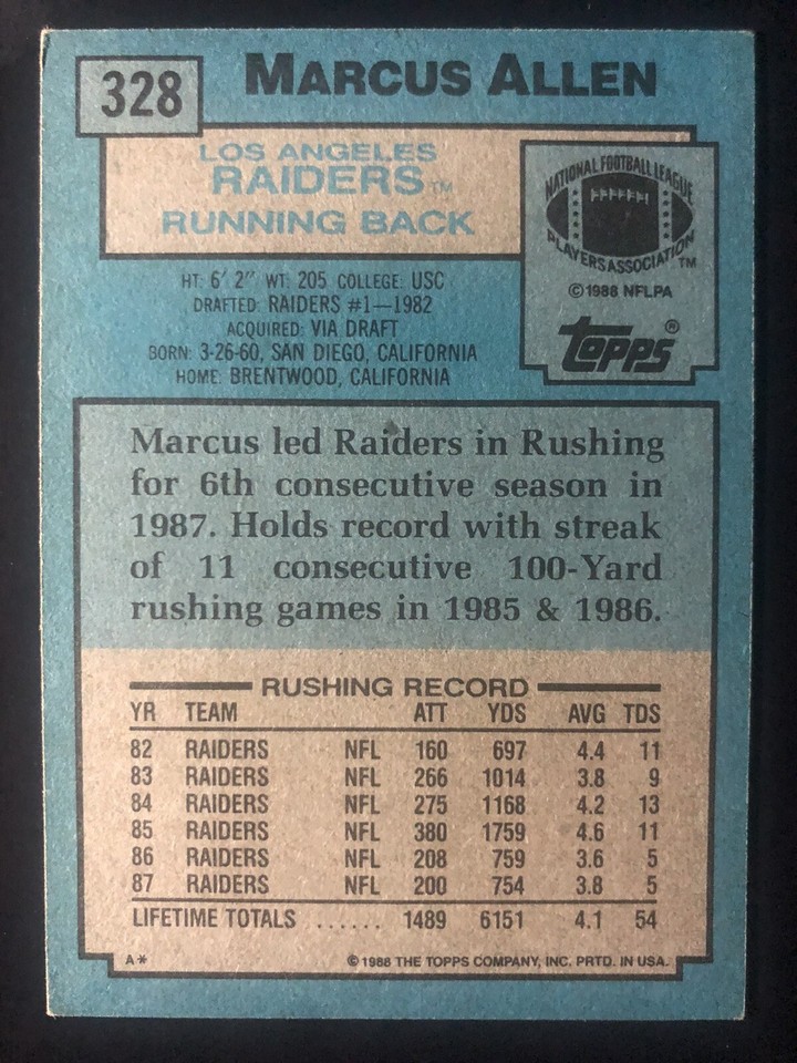 1988 Topps Marcus Allen #328 HOF Football Los Angeles Raiders | eBay