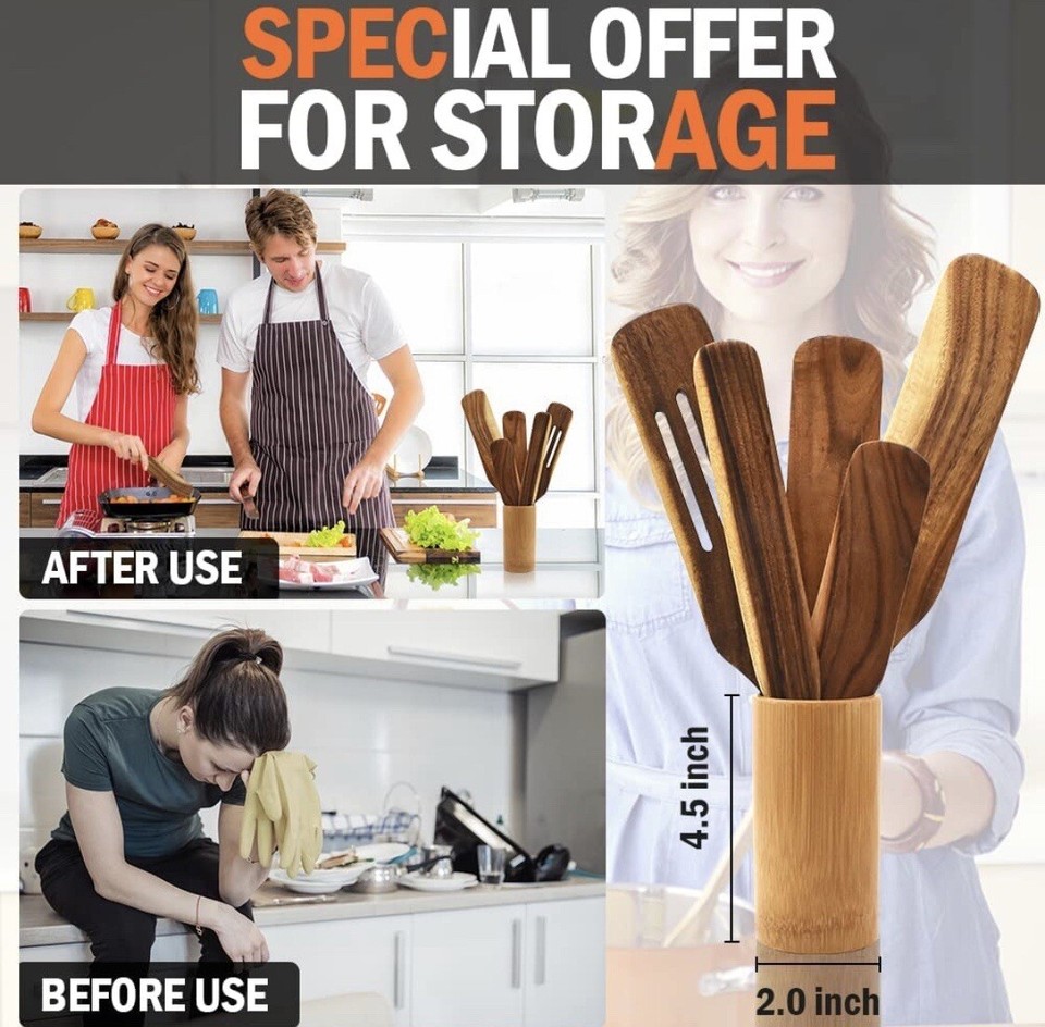 6 piece Wooden Spurtles Utensils Kitchen Tools With Storage Cup | eBay