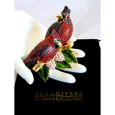 Joan Rivers BROOCH PIN Pair RED CARDINAL BIRDS Perched LG 4" Crystal ...