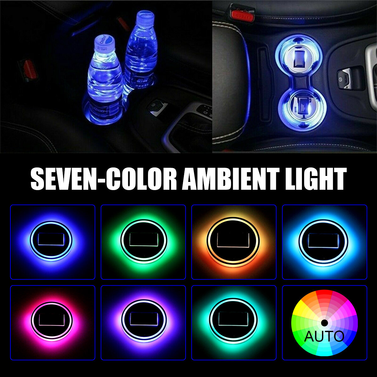 2x LED Solar Cup Pad Car Light Cover Interior Decoration Car Light ...