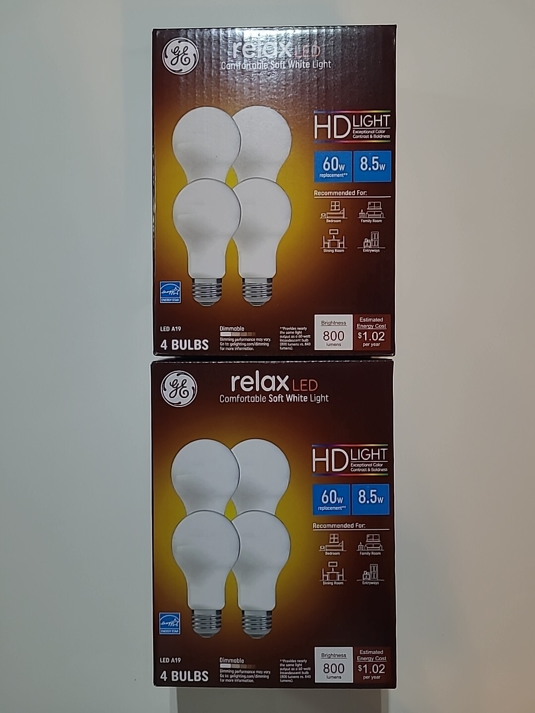 GE Relax LED Comfortable Soft White (8) HD Light Bulbs 60 Watt Dimmable ...