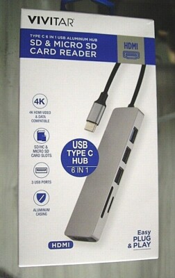 VIVITAR USE TYP C HUB 6 IN 1 MICRO SD & MICRO SD CARD READER 4K HDMI 3 ...