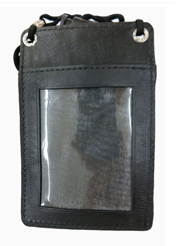 Black Leather ID Badge Card Holder Wallet Neck Strap Travel Work ...