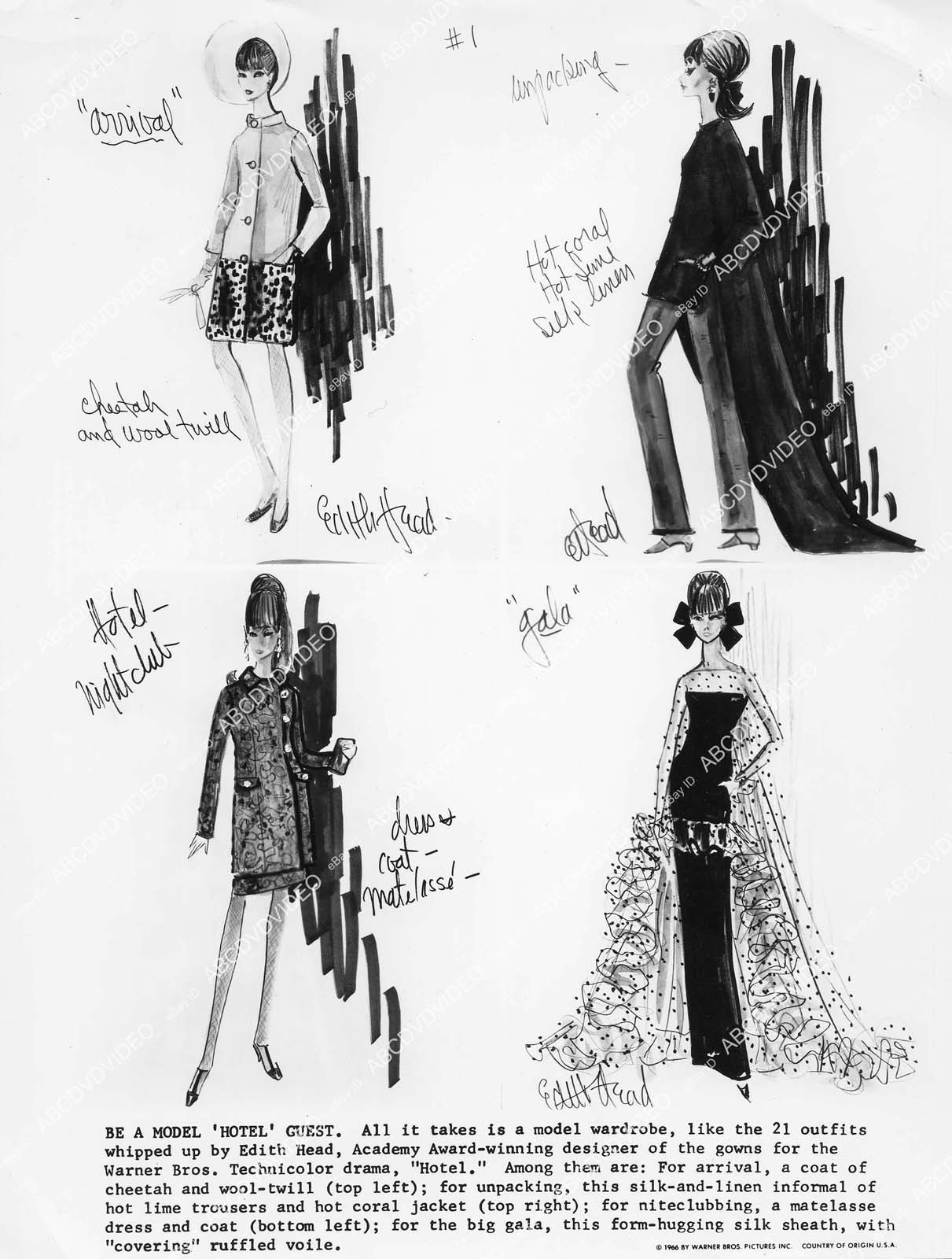 crp-11884 1967 Edith Head quad costume wardrobe sketch film Hotel crp ...