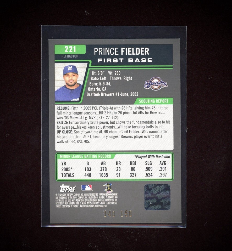 2006 Bowman Chrome PRINCE FIELDER #221 Blue Refractor Rookie Autograph ...