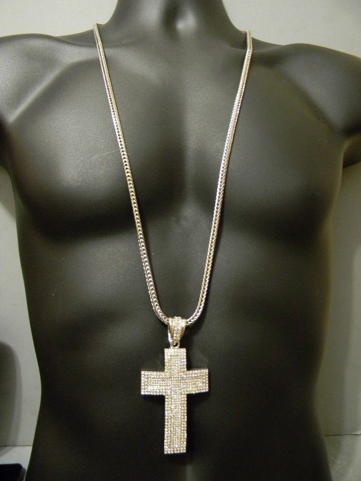 Silver Franco Chain Cross Jesus Piece Pendant Necklace Crystal Hip Hop ...