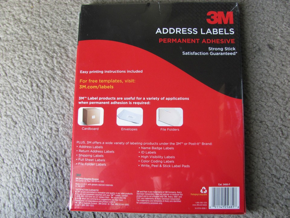 New 3M Address Labels Permanent Adhesive Clear 3400-F (1” x 4”) 1000 ...
