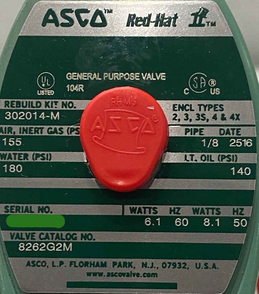 Asco Red hat Crown Steam Solenoid Valve 1/8" Pipe 220/240V 50/60Hz 3 ...