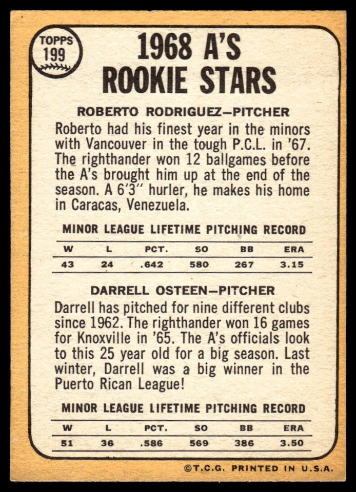 1968 Topps Roberto Rodriguez/Darrell Osteen RC Oakland Athletics #199 ...