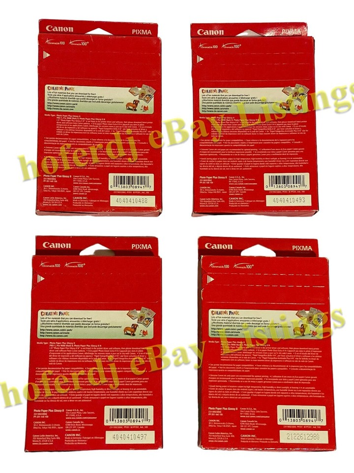 4 BOXES Canon PIXMA Photo Paper Plus Glossy II PP-201 4"x6" (400 Total ...