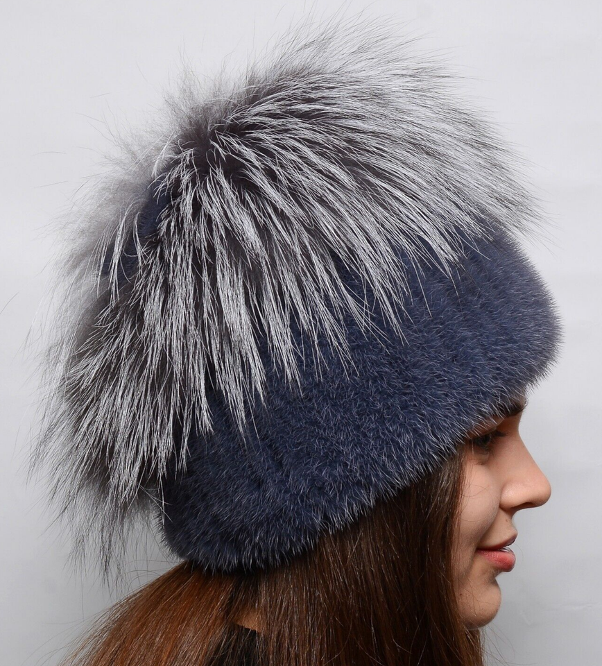 Womens Real Mink Fur Hat with Silver Fox Knit Winter Fur Hat Luxury ...